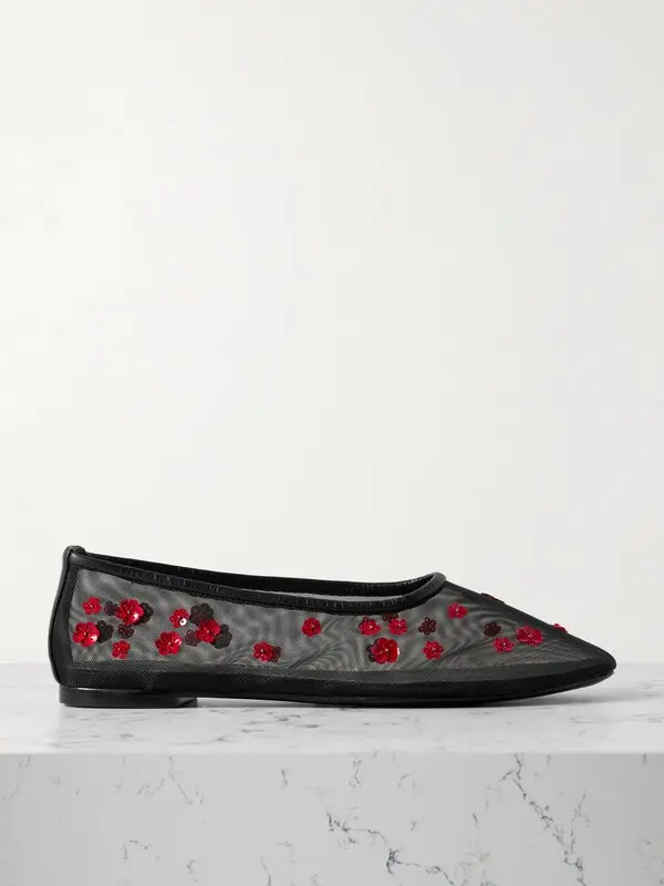 Staud Alba Sequin-embellished Ballet Flats - Black
