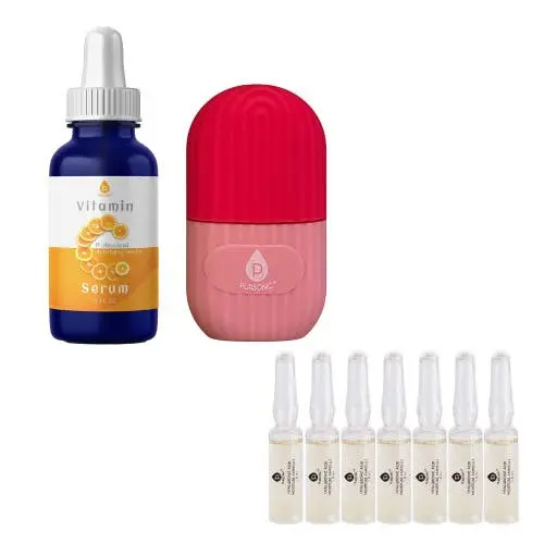 PURSONIC Radiant Glow & Refresh Skincare Bundle Ice Cube Facial Roller Massager + Vitamin C Serum + Hyaluronic Acid Ampoule Set - Multicolor