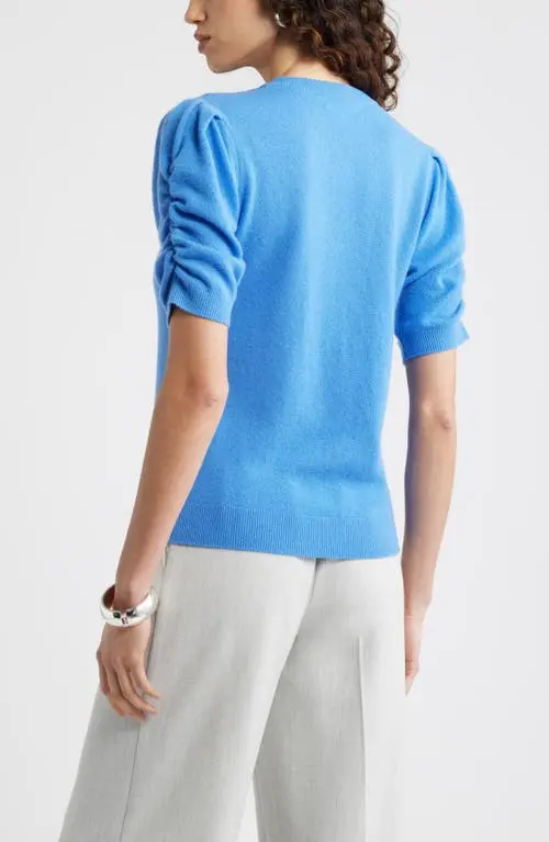 Nordstrom Ruched Short Sleeve Cashmere Sweater - Blue Stream