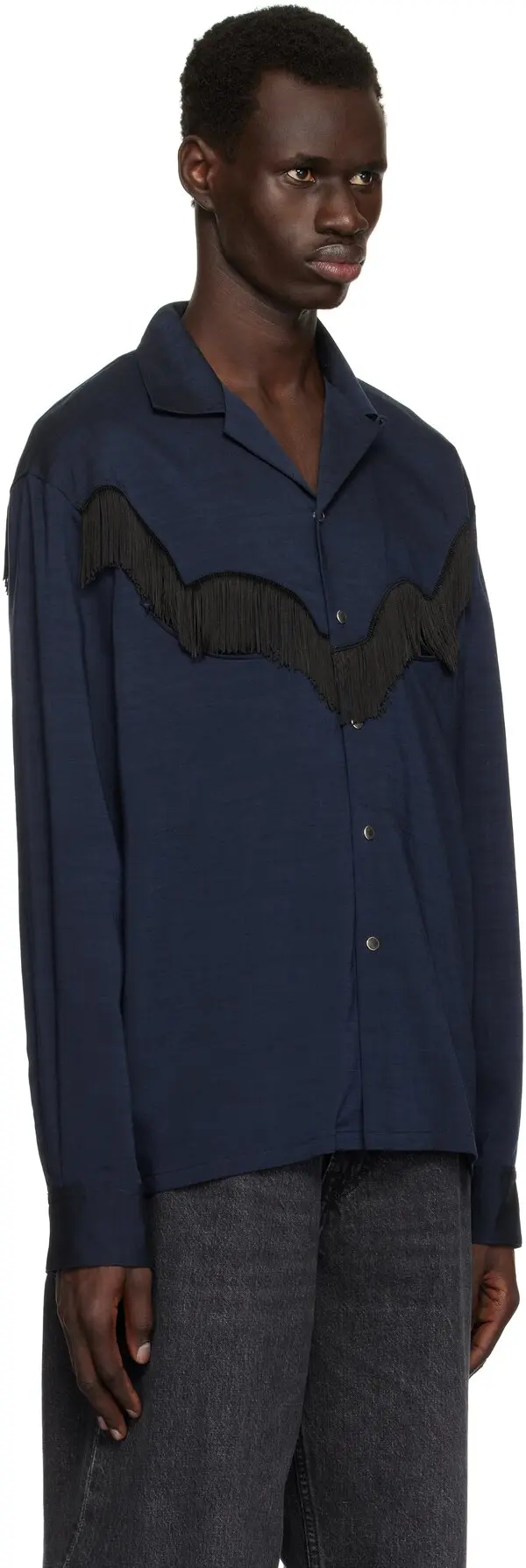 Toga Virilis Slab Tropical Fringe Shirt - Navy | Editorialist