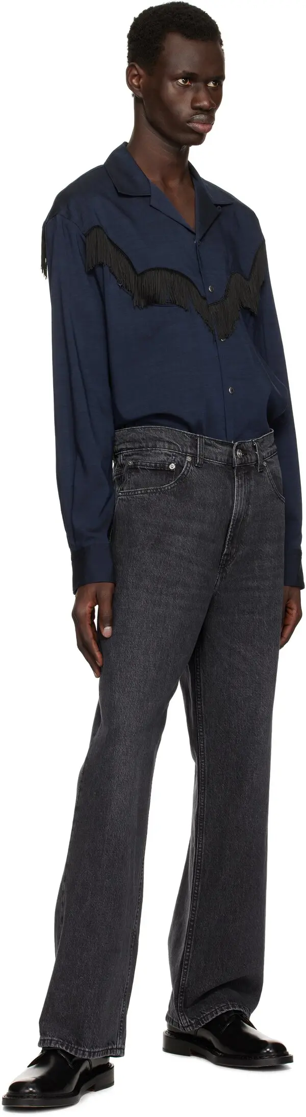 Toga Virilis Slab Tropical Fringe Shirt In Navy - 50% Off