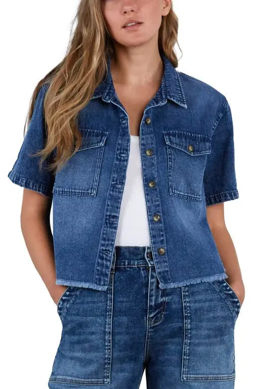 HINT OF BLU Emily Frayed Short Sleeve Denim Shirt - Caribbean Blue