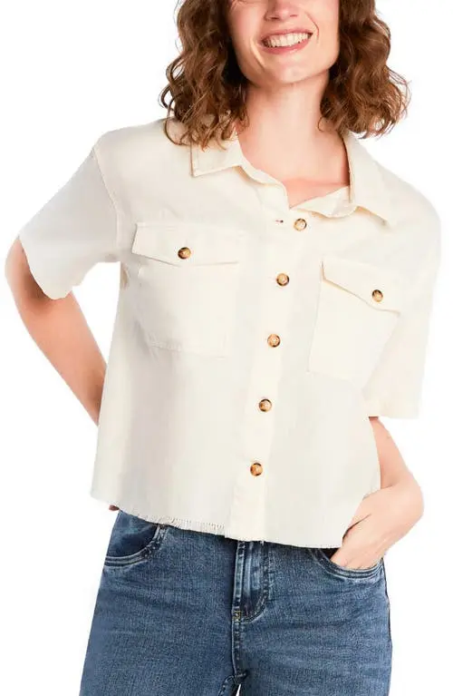 HINT OF BLU Emily Frayed Short Sleeve Denim Shirt - Eggshell