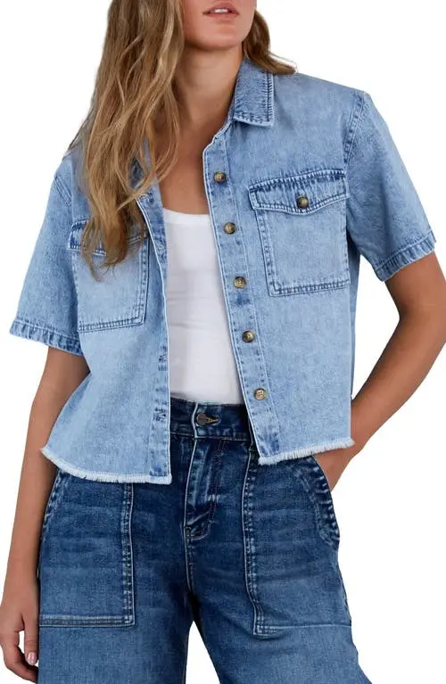 HINT OF BLU Emily Frayed Short Sleeve Denim Shirt - Morning Blue