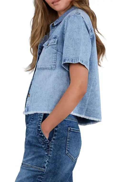 HINT OF BLU Emily Frayed Short Sleeve Denim Shirt - Morning Blue