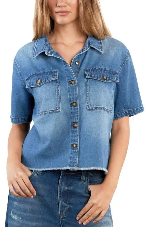 HINT OF BLU Emily Frayed Short Sleeve Denim Shirt - Shine Blue