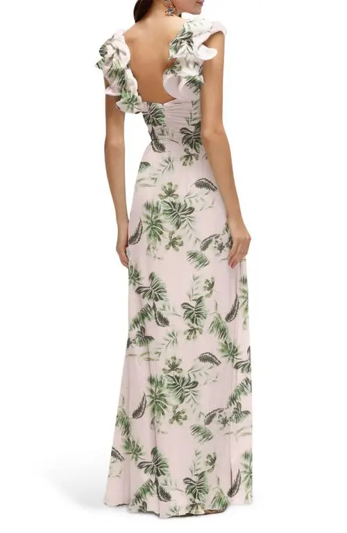 After Six Ruffle Strap Chiffon Gown - Palm Beach Print