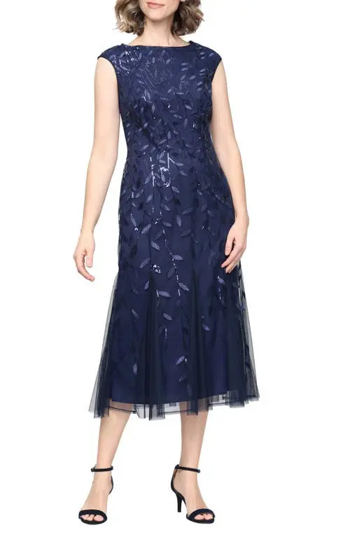 Alex Evenings Sequin Leaf Embroidered Midi Dress - Navy