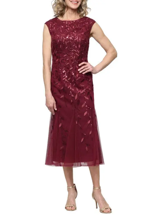 Alex Evenings Sequin Leaf Embroidered Midi Dress - Wine