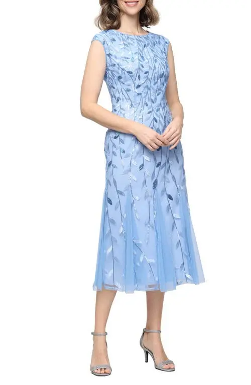 Alex Evenings Sequin Leaf Embroidered Midi Dress - Hydrangea