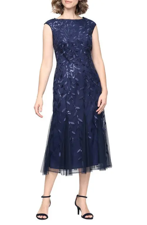 Alex Evenings Sequin Leaf Embroidered Midi Dress - Navy