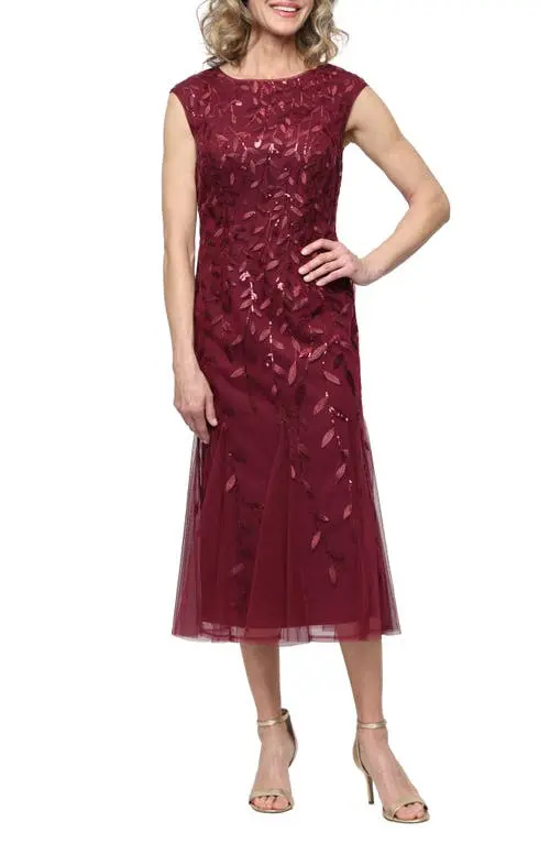 Alex Evenings Sequin Leaf Embroidered Midi Dress - Wine