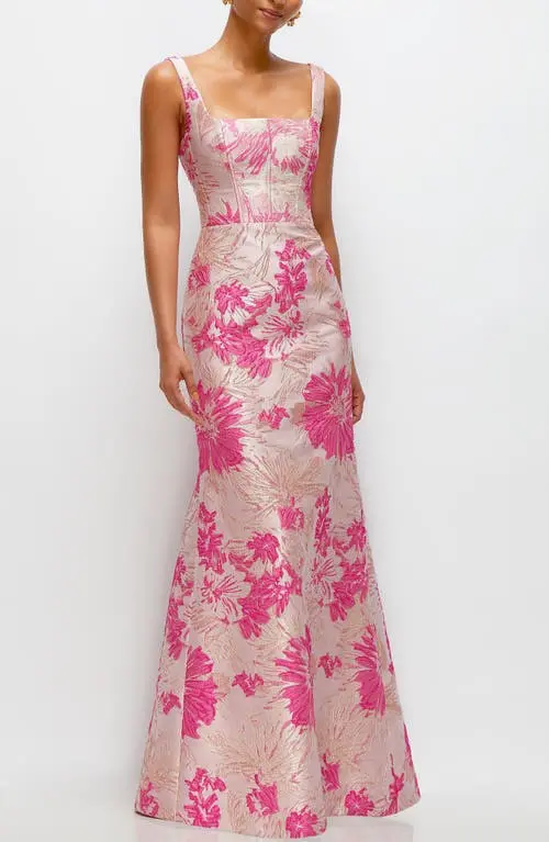 Dessy Collection Hibiscus Square Neck Trumpet Gown - Pink Multi