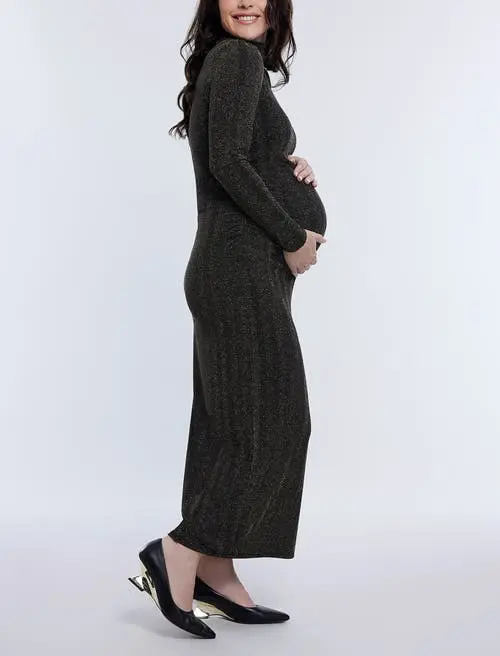 Motherhood Maternity Mesh Turtleneck Maxi Dress - Gold Lurex