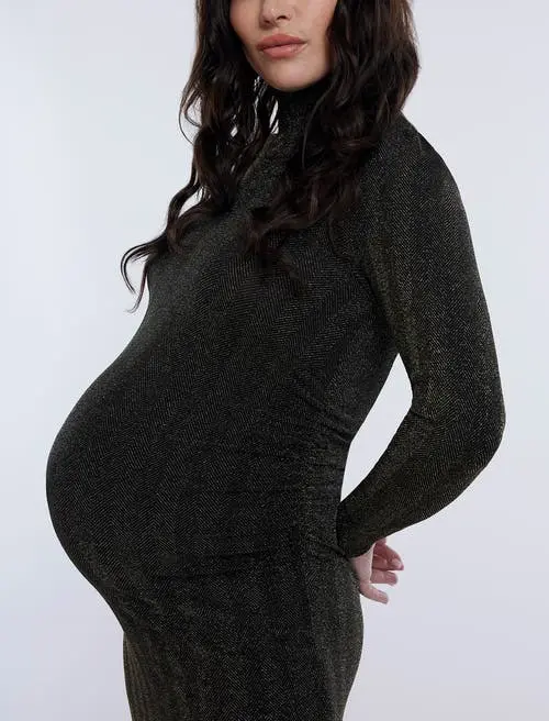 Motherhood Maternity Mesh Turtleneck Maxi Dress - Gold Lurex
