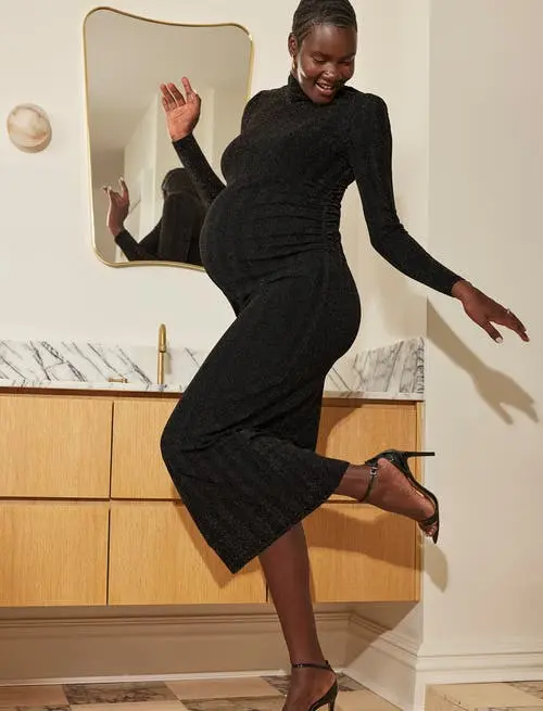 Motherhood Maternity Mesh Turtleneck Maxi Dress - Gold Lurex
