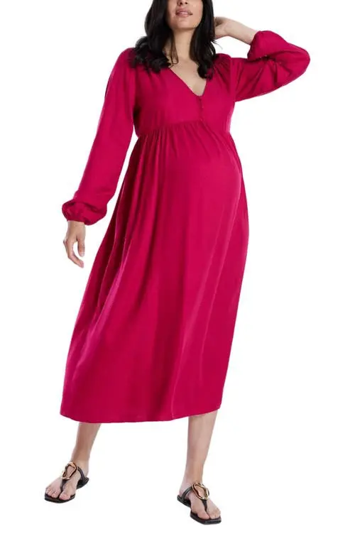 Motherhood Maternity Long Sleeve Button Front Maternity Midi Dress - Cerise