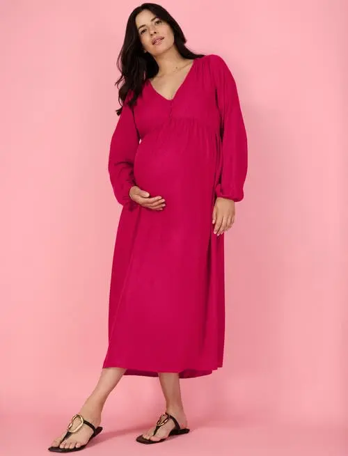Motherhood Maternity Long Sleeve Button Front Maternity Midi Dress - Cerise