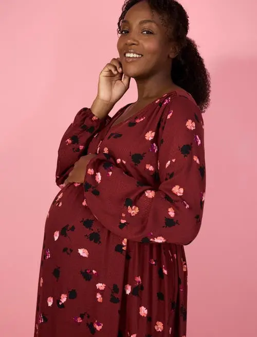 Motherhood Maternity Long Sleeve Button Front Maternity Midi Dress - Cerise