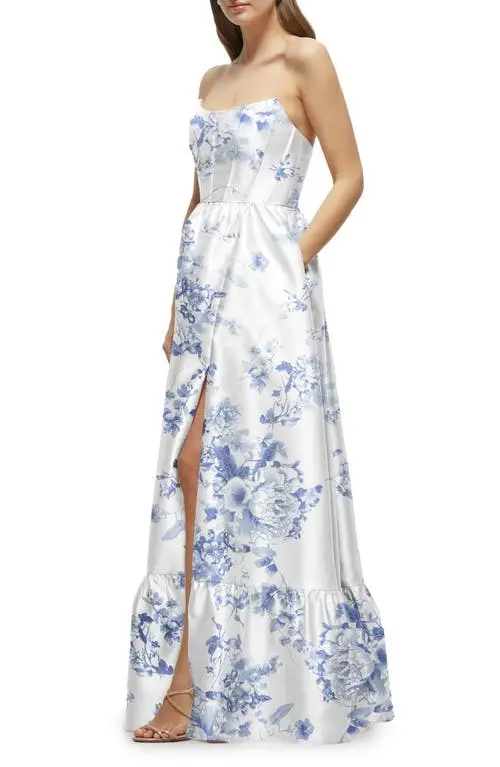 Dessy Collection Floral Strapless Bustier Bodice Satin Gown - Cottage Rose