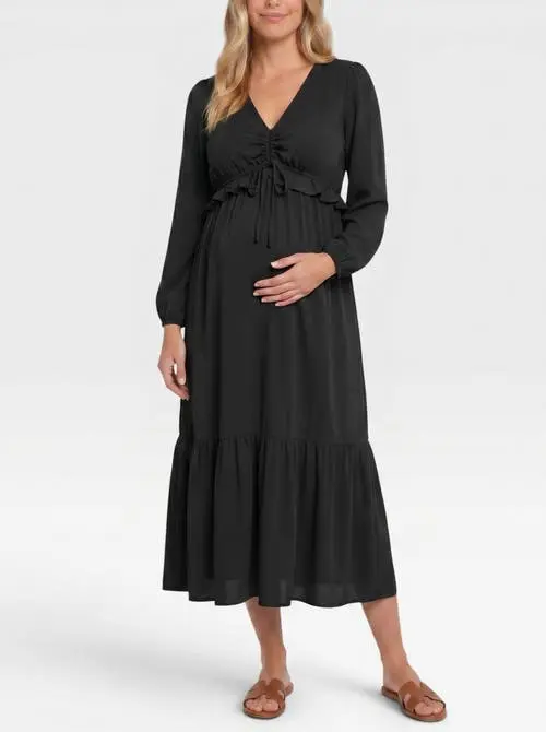 Motherhood Maternity Long Sleeve Ruffle Midi Maternity Dress - Black