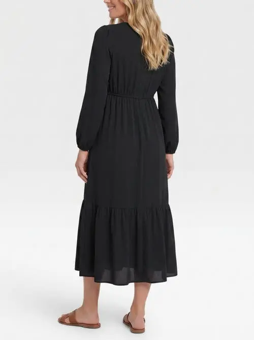 Motherhood Maternity Long Sleeve Ruffle Midi Maternity Dress - Black