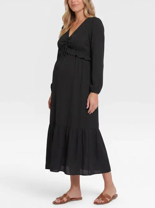 Motherhood Maternity Long Sleeve Ruffle Midi Maternity Dress - Black
