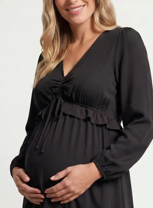 Motherhood Maternity Long Sleeve Ruffle Midi Maternity Dress - Black