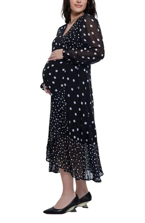 Motherhood Maternity Long Sleeve Ruffle Midi Maternity Dress - Mixed Dot