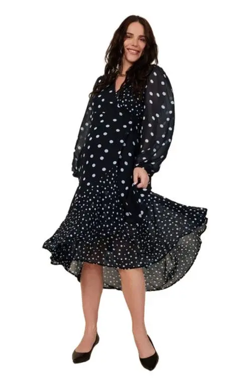 Motherhood Maternity Long Sleeve Ruffle Midi Maternity Dress - Mixed Dot