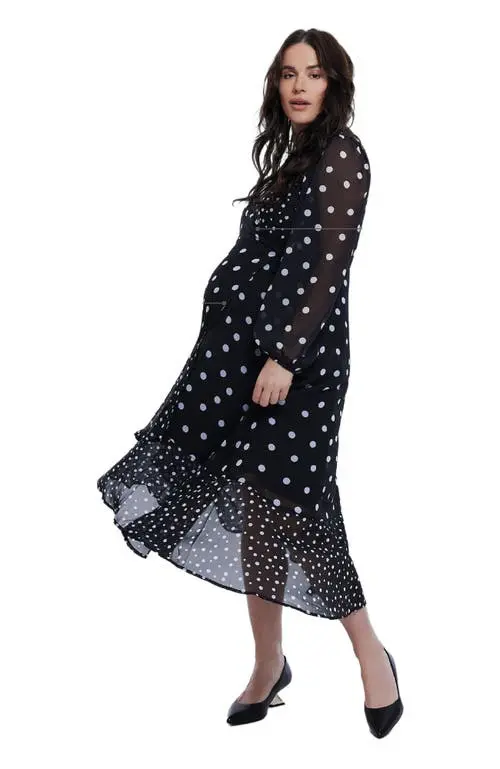 Motherhood Maternity Long Sleeve Ruffle Midi Maternity Dress - Mixed Dot