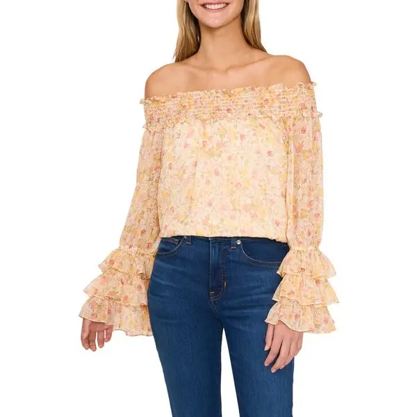 CECE DUPRAZ Floral Off-the-shoulder Ruffle Blouse - New Ivory