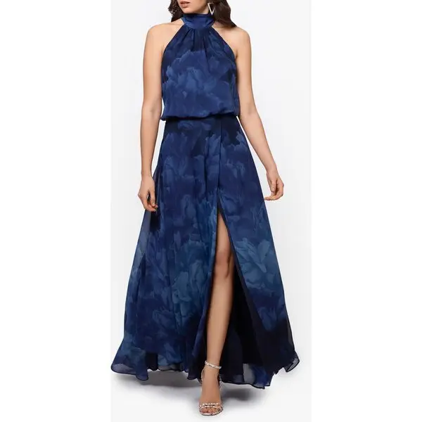 Betsy & Adam Tonal Floral Print Chiffon Gown - Navy/ Blue