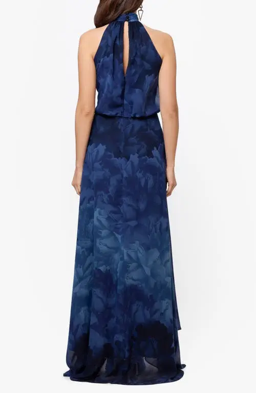 Betsy & Adam Tonal Floral Print Chiffon Gown