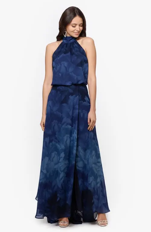 Betsy & Adam Tonal Floral Print Chiffon Gown