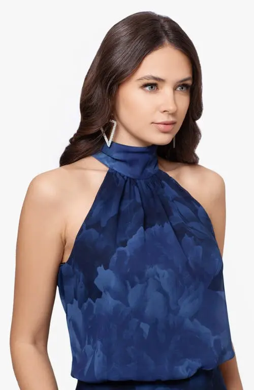 Betsy & Adam Tonal Floral Print Chiffon Gown