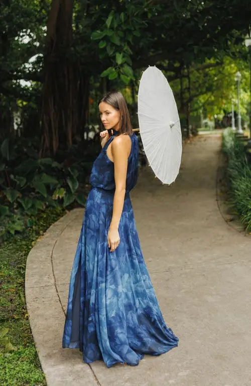 Betsy & Adam Tonal Floral Print Chiffon Gown