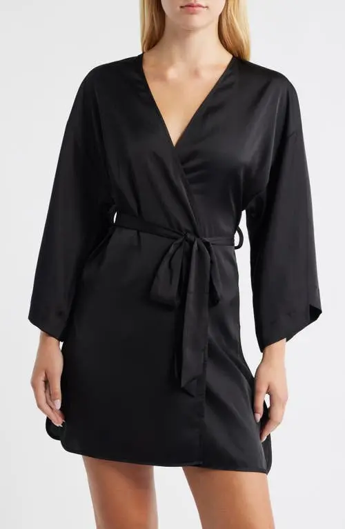 OPEN EDIT Get Ready With Me Satin Robe - Black- Ivory Sm Polka Dot