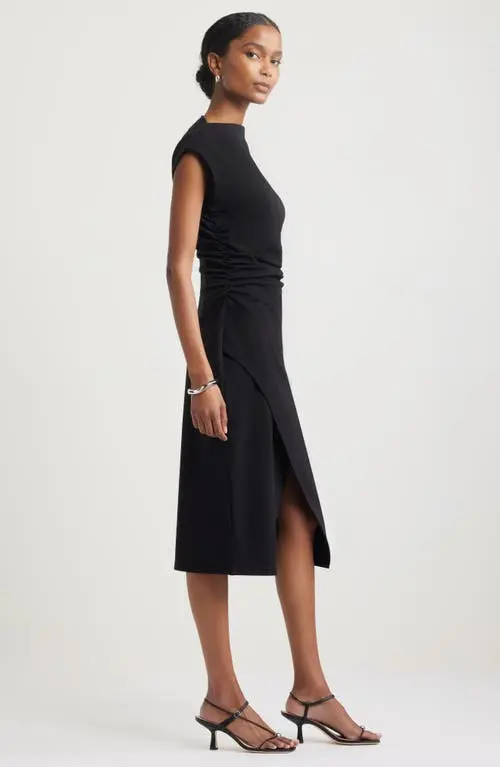 Nordstrom Ruched Funnel Neck Midi Dress - Black