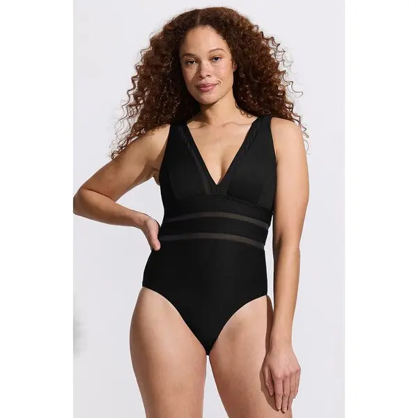 LANDS' END Mesh Plunge High Leg One Piece Swimsuit - Black Ottoman