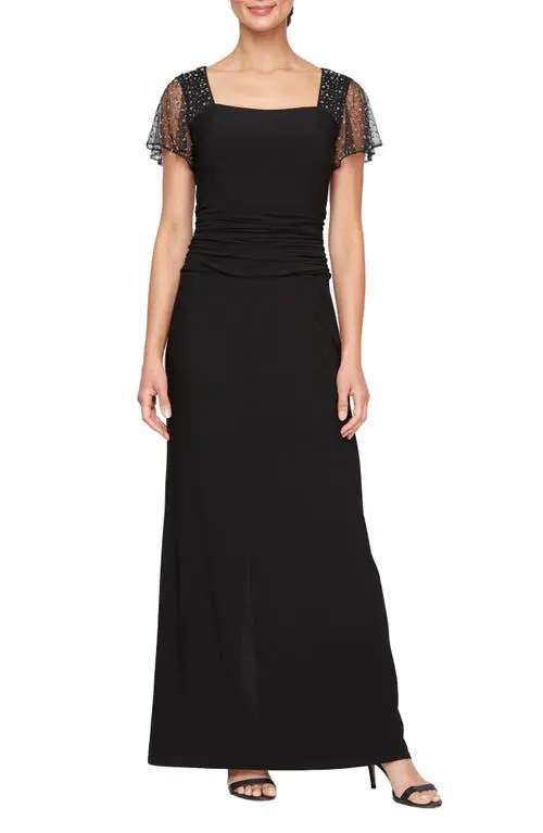 SL FASHIONS Beaded Sleeve Ruched Waist Gown
