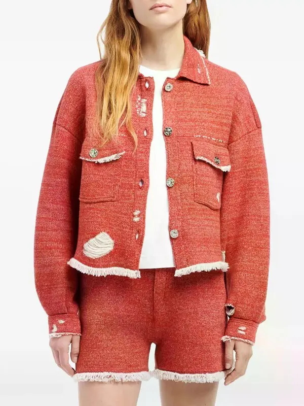 BARRIE Fringed Denim Jacket - Red