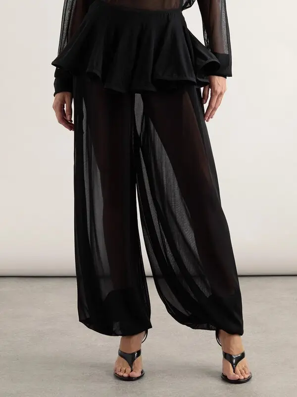 Alaïa Pleated Georgette Peplum Tapered Pants - Black