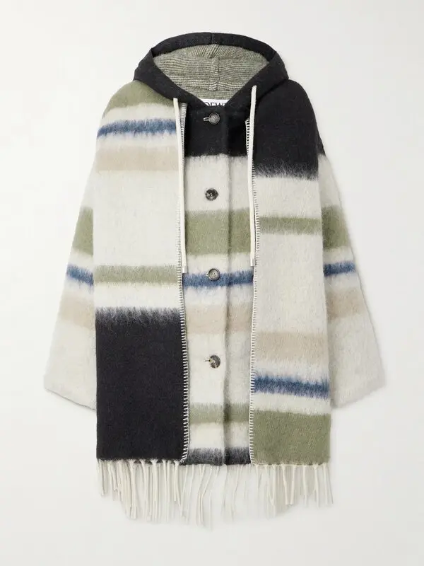Loewe Hooded Striped Wool-blend Coat With Fringed Scarf Detail - White