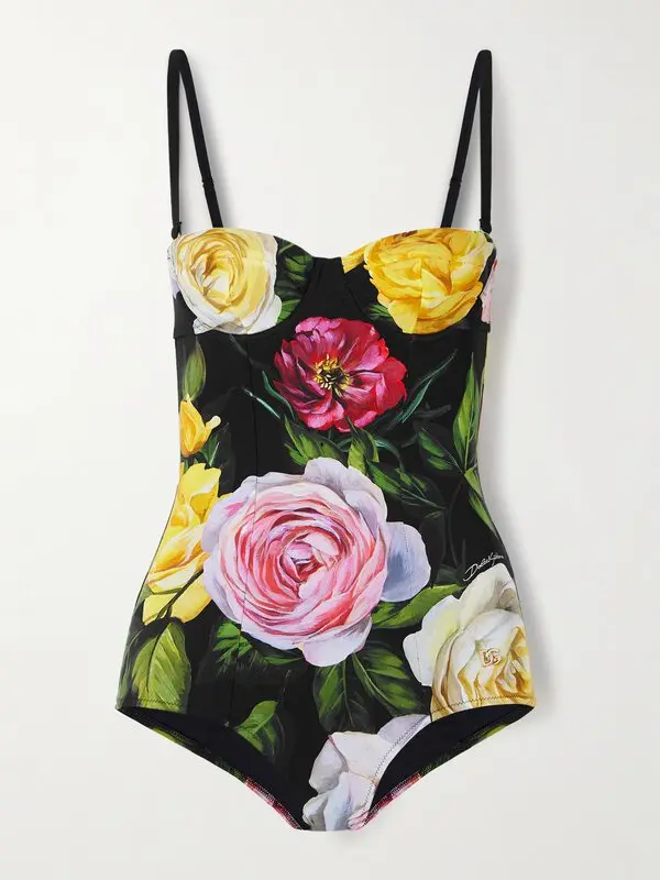Dolce & Gabbana Cutout Floral-print Underwired Swimsuit - Black
