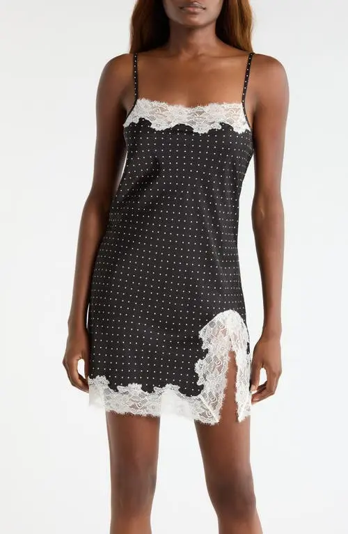 OPEN EDIT Lace Trim Satin Chemise - Black- Ivory Polka Dot