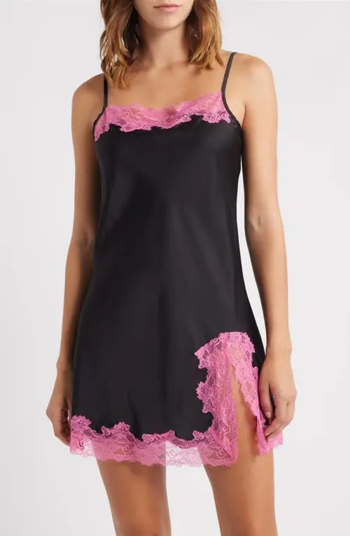 OPEN EDIT Lace Trim Satin Chemise - Black-pink