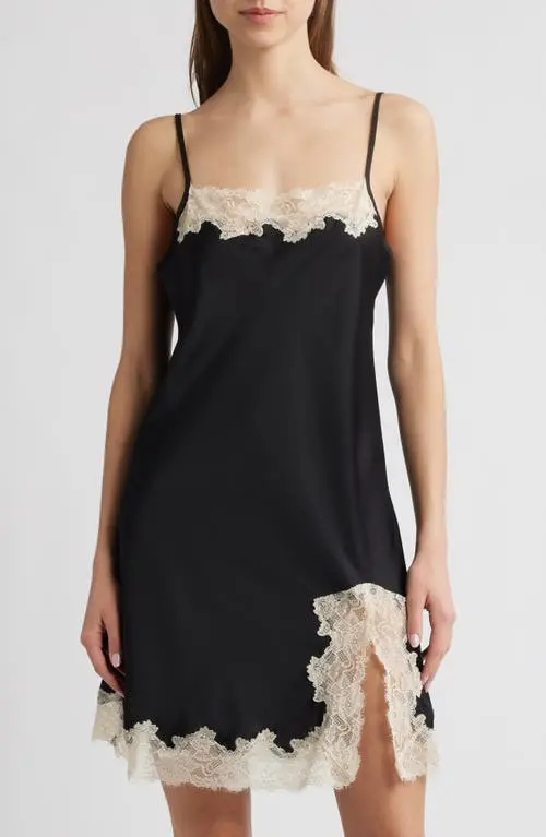 OPEN EDIT Lace Trim Satin Chemise - Black