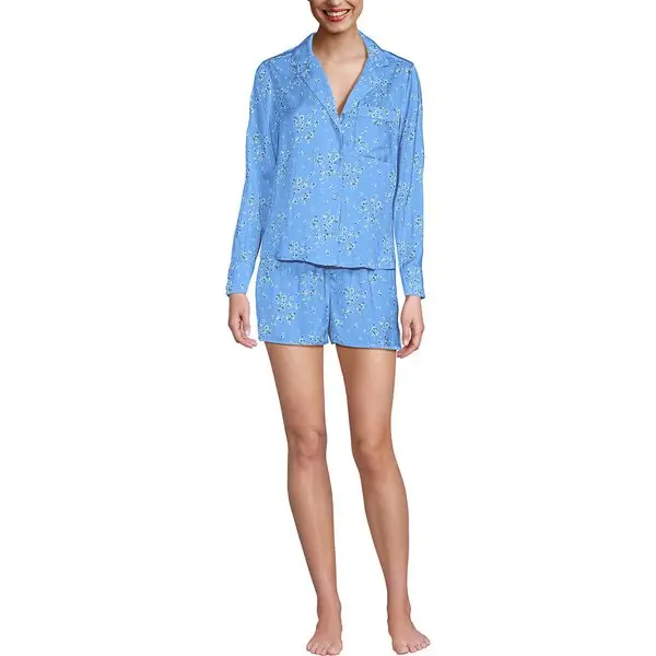 LANDS' END Matte Satin 2 Piece Pajama Setlong Sleeve Top And Shorts - Bermuda Blue Snow Drop Floral
