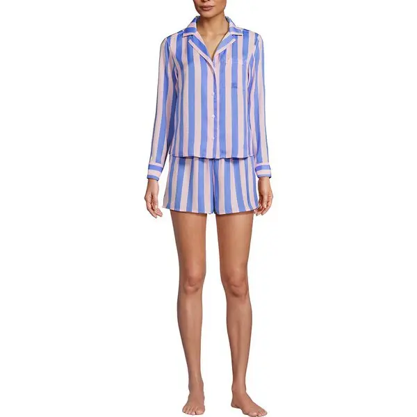 LANDS' END Matte Satin 2 Piece Pajama Setlong Sleeve Top And Shorts - Light Rose Pink/brisk Blue